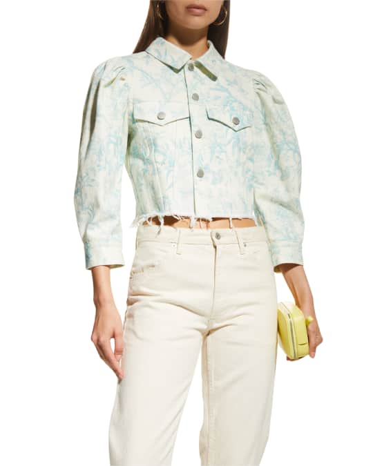 Alice + Olivia Lana Puff-Sleeve Denim Jacket w/ Raw Hem | Neiman Marcus