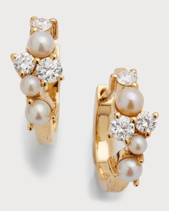 Sydney Evan 14k Yellow Gold Pearl and Diamond Cocktail Huggie Hoops ...