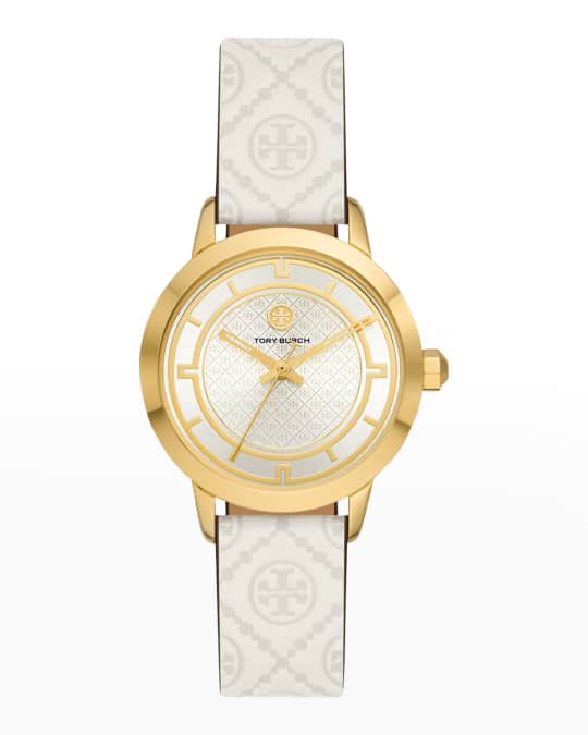 Tory Burch The Tory Gold-Tone Stainless Steel Watch with Ivory Leather ...
