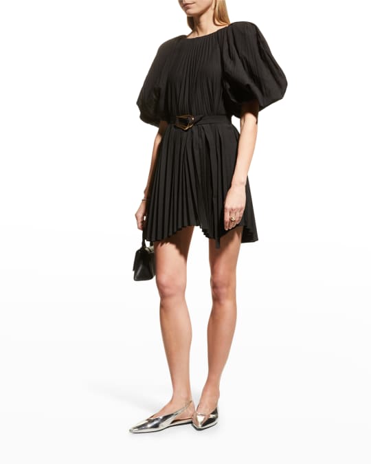 Acler Hudson Pleated Puffed-Sleeve Belted Mini DressDress | Neiman Marcus