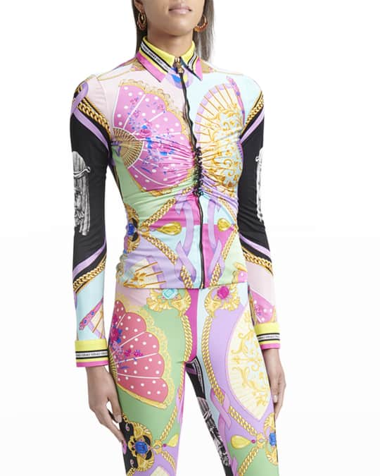 Versace Ventagli Ruched Zip Collared Shirt | Neiman Marcus