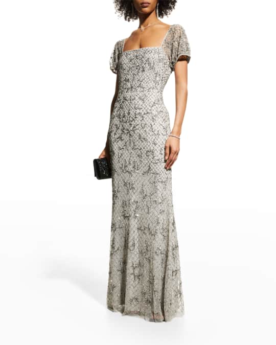 Aidan Mattox Beaded Puff-Sleeve Gown | Neiman Marcus