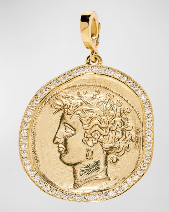 AZLEE 18K Yellow Gold Goddess Pave Diamond Coin Pendant | Neiman Marcus