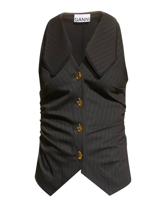 Ganni Pinstripe Gathered Button-Front Collared Vest | Neiman Marcus