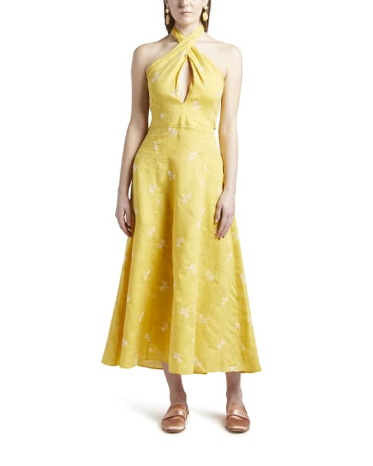 Erdem Selene Halter Floral-Embroidered Open-Back Maxi Dress | Neiman Marcus