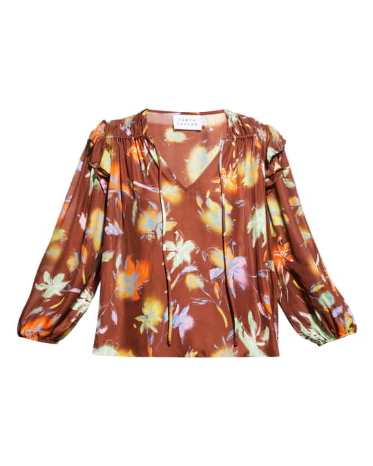 Tanya Taylor Delaney Split-Neck Shoulder-Ruffle Floral Top | Neiman Marcus