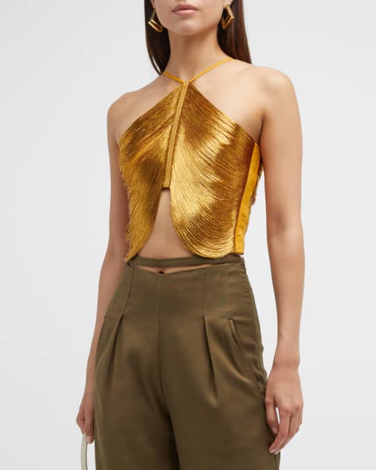 Cult Gaia Quella Gold Fringe Halter Top | Neiman Marcus