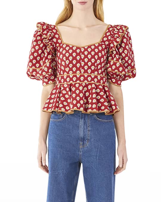 Hunter Bell NYC Blayne Puff-Sleeve Poplin Peplum Top | Neiman Marcus