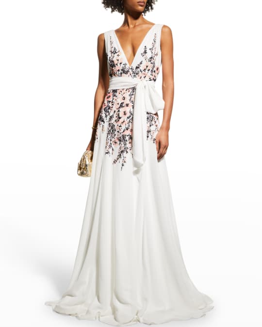 Badgley Mischka Collection Floral-Print Deep V-Neck Gown | Neiman Marcus