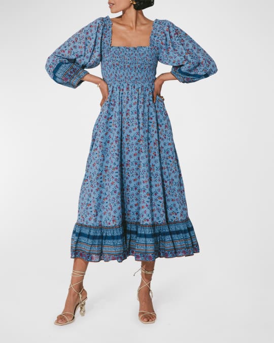 Cleobella Eva Puff-Sleeve Smocked-Bodice Floral Midi Dress | Neiman Marcus