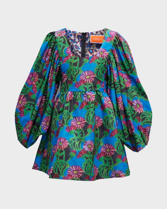 La DoubleJ Dolly Floral-Print Balloon-Sleeve Mini Dress | Neiman Marcus