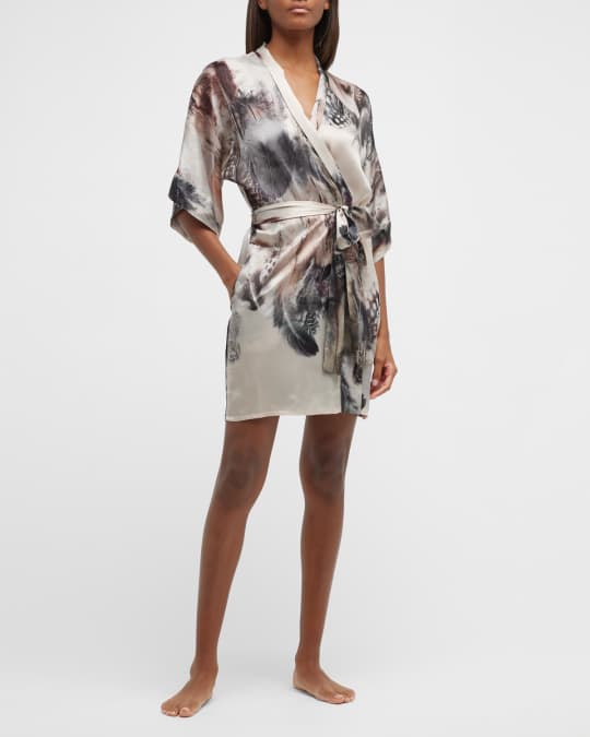 Christine Lingerie Sanctuary Feather-Print Silk Robe | Neiman Marcus