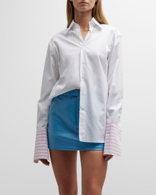 WOERA Contrast-Cuff Button-Front Cotton Shirt | Neiman Marcus