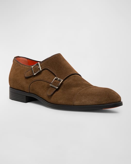 Santoni Men's Suede Double Monk Strap Loafers | Neiman Marcus
