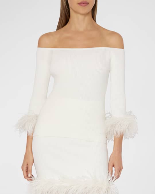 Milly Off-Shoulder Feather-Trim Top | Neiman Marcus