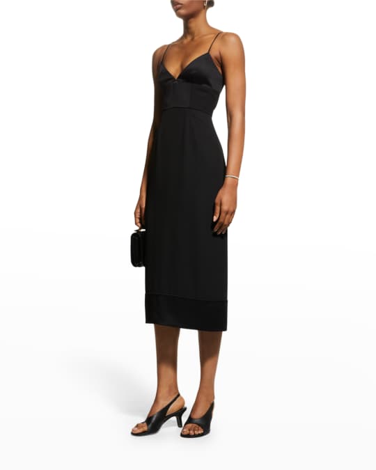 St. John V-Neck Satin Crepe Midi Dress | Neiman Marcus