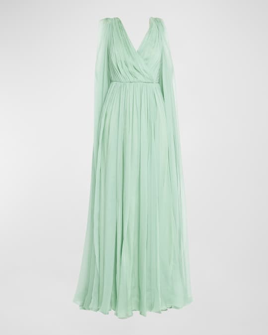 Valentino Garavani Cape Sleeves Pleated Chiffon Gown Neiman Marcus