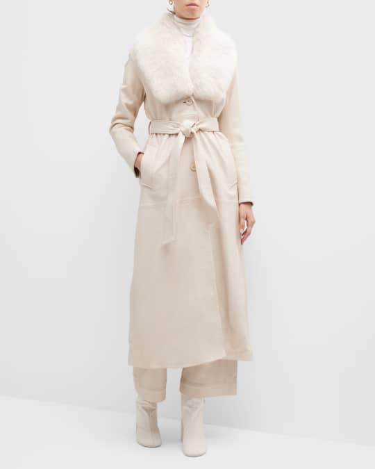 Nour Hammour Long Belted Trench Coat w/ Shearling Collar | Neiman Marcus