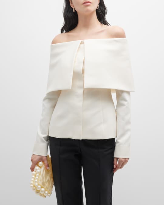 Marina Moscone Foldover-Shawl Off-The-Shoulder Jacket | Neiman Marcus