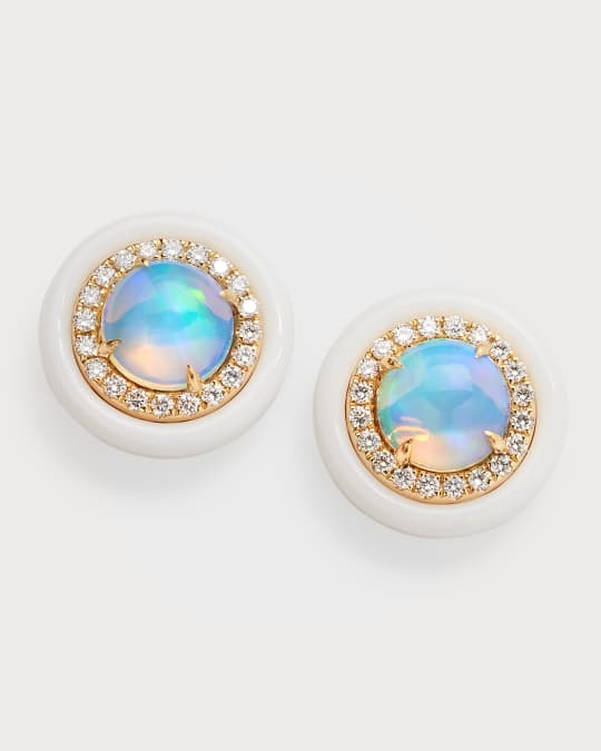 David Kord 18K Yellow Gold Stud Earrings with Opal Rounds, Diamonds and ...