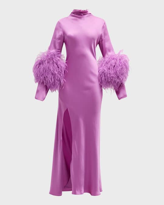 LAPOINTE Feather-Trim Thigh-Slit Satin Midi Dress | Neiman Marcus