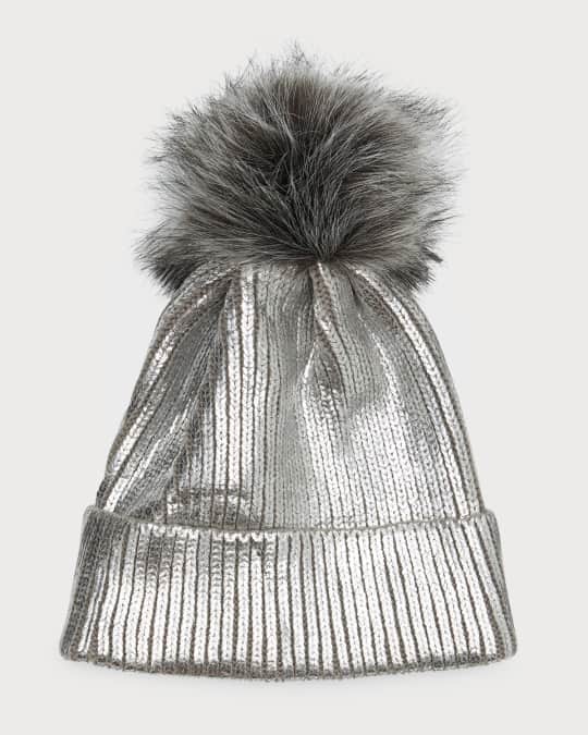 Adrienne Landau Metallic Beanie W/ Faux Fur Pom | Neiman Marcus