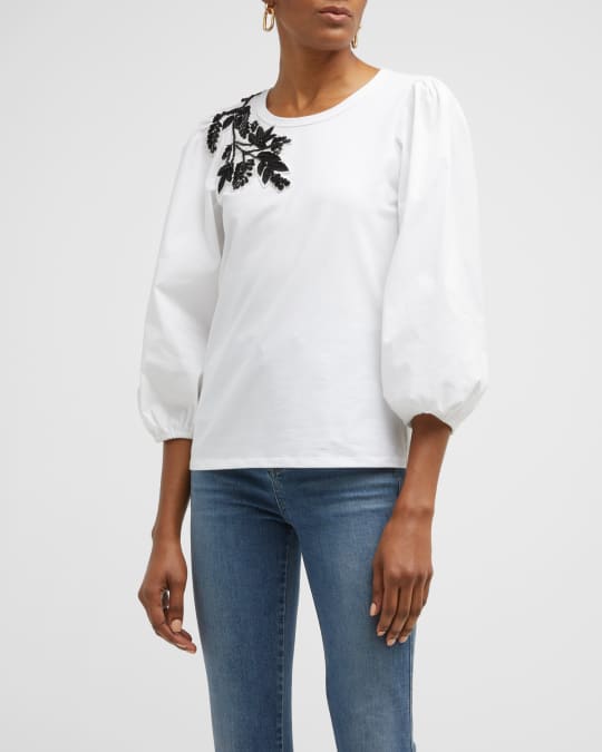 Veronica Beard Franchi Embroidered Puff Sleeve Top | Neiman Marcus