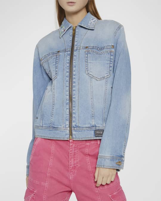Versace Jeans Couture Embroidered Zip-Front Denim Jacket | Neiman Marcus
