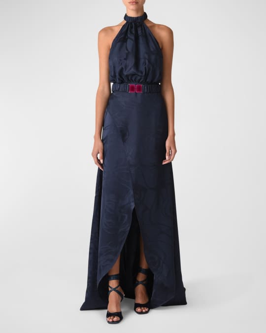 Silvia Tcherassi Kerry Rose-Jacquard Halter Gown w/ Belt | Neiman Marcus
