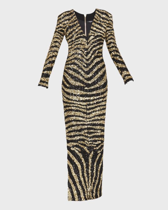 Balmain Zebra Stripe Sequin Evening Gown | Neiman Marcus