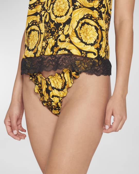 Versace Barocco-Print Ruffle Silk Tanga | Neiman Marcus