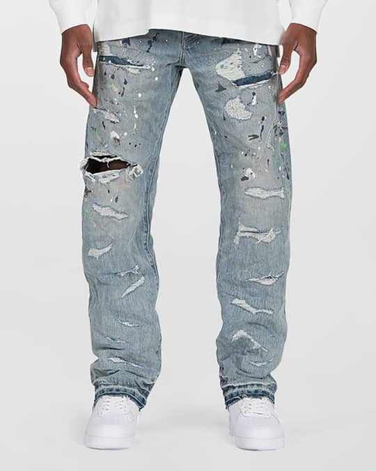 PURPLE Men's Rip/Repair Paint Splatter Jeans | Neiman Marcus