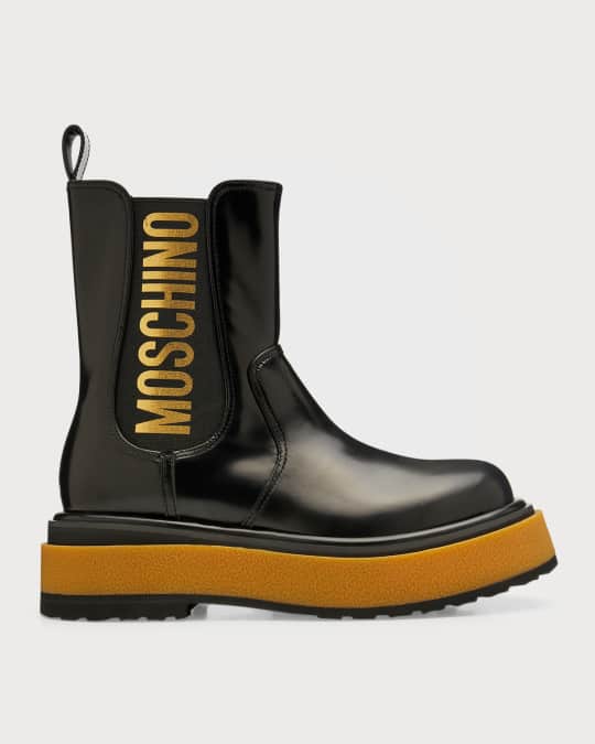 Moschino Men's Beatle Elastic Logo Leather Chelsea Boots | Neiman Marcus