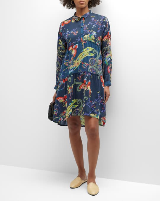 Johnny Was Pottery Jasmine Tiered Mini Silk Dress | Neiman Marcus