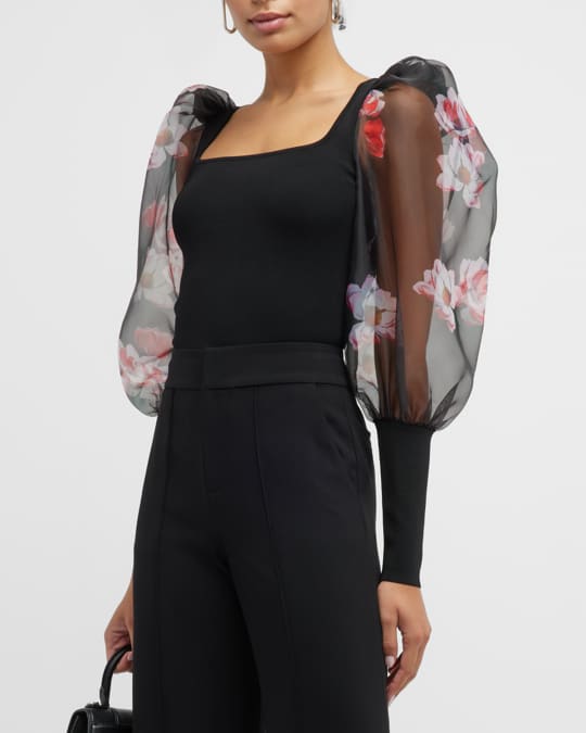 ALICE + OLIVIA Abella Puff-Sleeve Square-Neck Sweater | Neiman Marcus