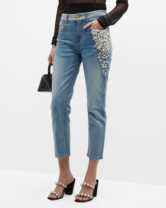Hellessy Yang Pearl Embellished Slim-Leg Ankle Jeans | Neiman Marcus