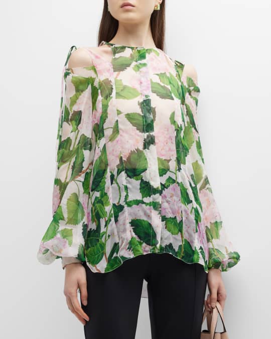 Oscar de la Renta Hydrangea-Print Tie Cold-Shoulder Chiffon Blouse ...