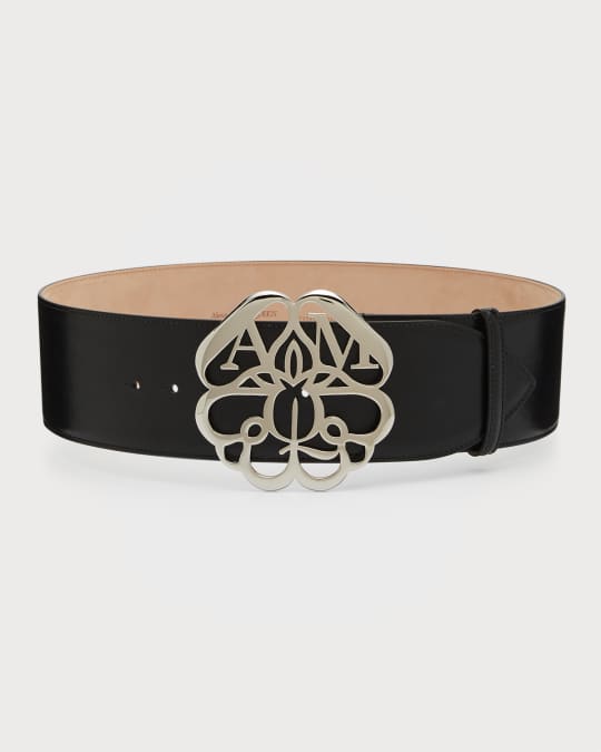 McQueen Wide Leather Belt w/ Oversize Seal Buckle | Neiman Marcus
