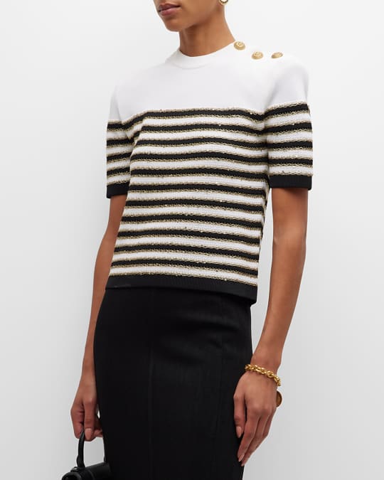 Balmain 3-Button Metallic Paillette Striped Knit Top | Neiman Marcus