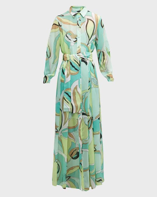 PINKO Narcisa Tie-Belt Floral Voile Maxi Shirtdress | Neiman Marcus