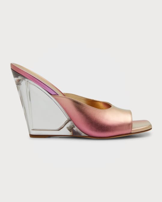 Stuart Weitzman Tia Metallic Clear-Wedge Mules | Neiman Marcus