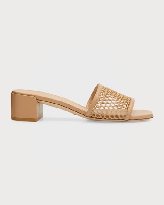 Stuart Weitzman Cayman Mesh Leather Block-Heel Mules | Neiman Marcus