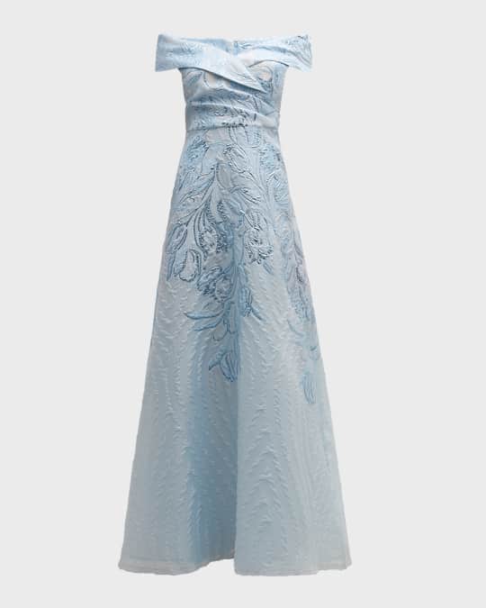 Rickie Freeman for Teri Jon Off-Shoulder Metallic Floral Jacquard Gown ...