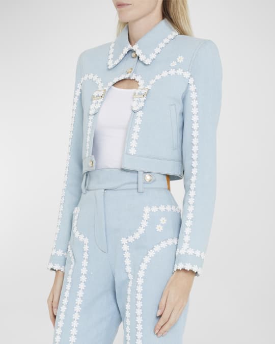 CASABLANCA Arch Cutout Floral-Embroidered Crop Denim Jacket | Neiman Marcus
