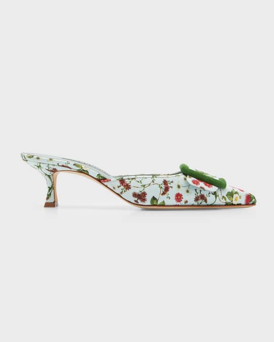 Manolo Blahnik Maysale Floral Buckle Mules | Neiman Marcus