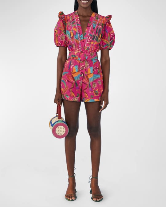 Farm Rio Macaw Party Printed Belted Romper | Neiman Marcus