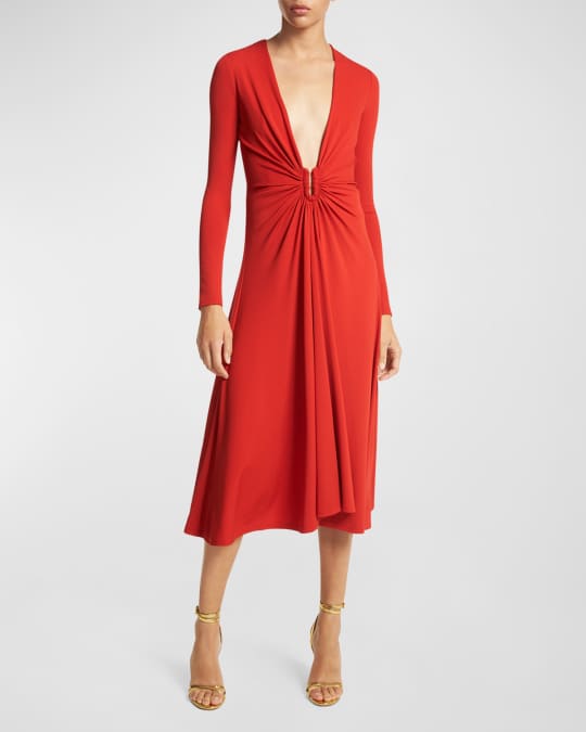Michael Kors Collection Plunging U-Ring Long-Sleeve Midi Dance Dress ...