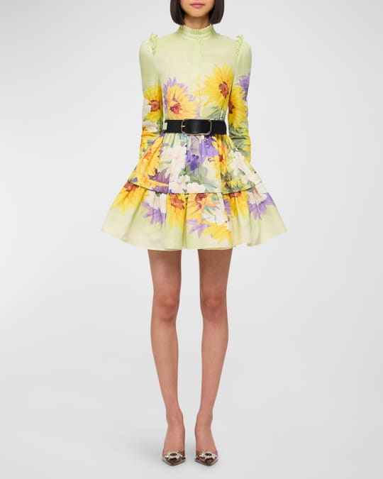 LEO LIN Christina Floral-Print Fit-&-Flare Mini Dress | Neiman Marcus