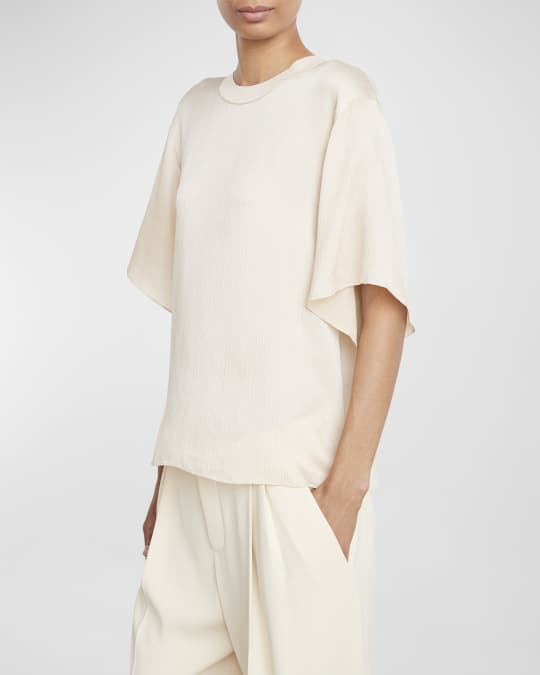 Vince Silk Short-Sleeve Ribbed-Trim Crewneck Top | Neiman Marcus