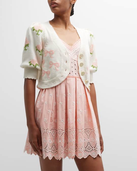 LoveShackFancy Malibu Short Bishop-Sleeve Floral Cropped Cardigan ...